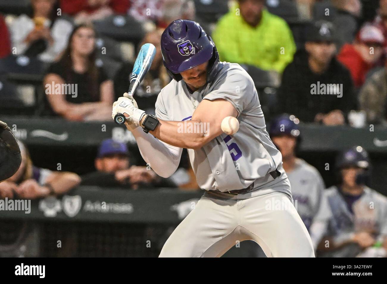 Central Arkansas batter Preston Curtis (5) is hit by a pitch against Arkansas during an NCAA ...