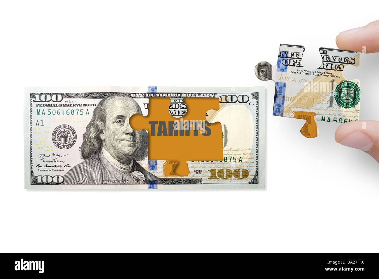 100 US dollar note isolated on a white background with word TARIFFS ...