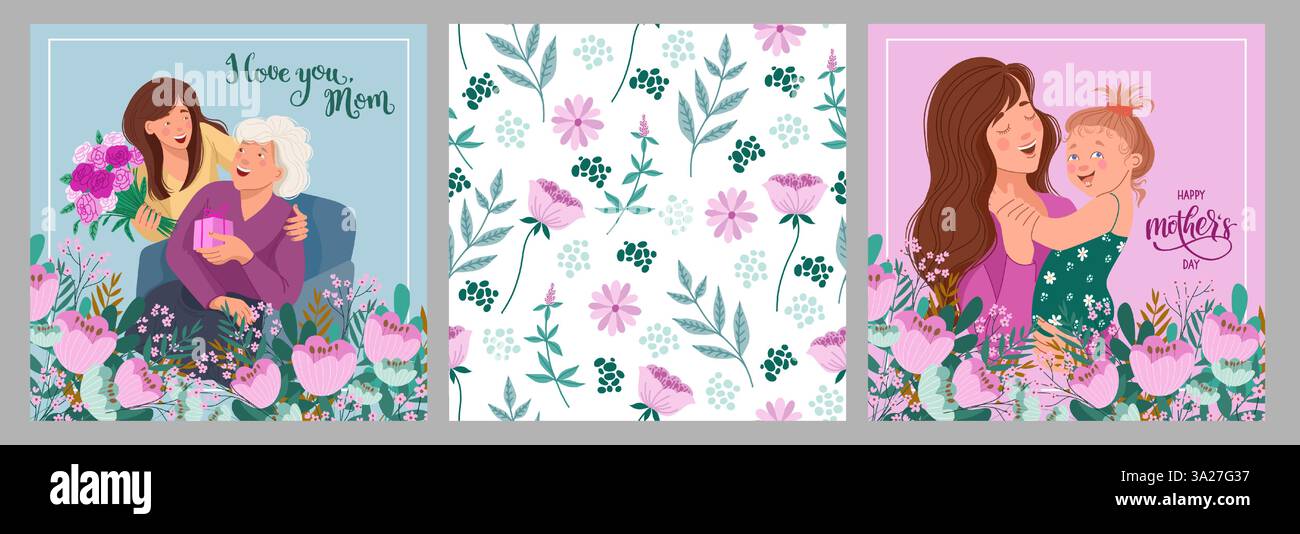 Mothers Day square card set with floral seamless pattern . Vector ...