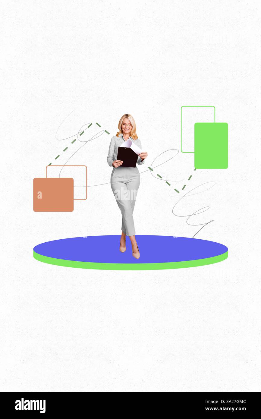 Poster photo vertical collage of happy old businesswoman hold clipboard ...