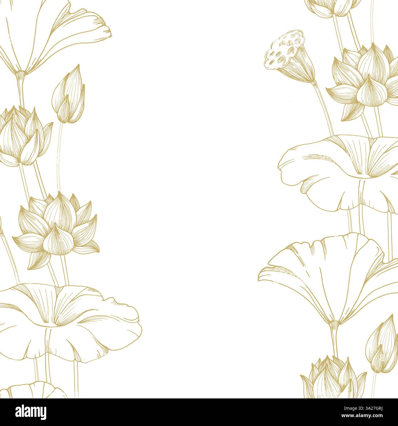 Lotus gold flowers, seed pod and leaves seamless border. Vector ...