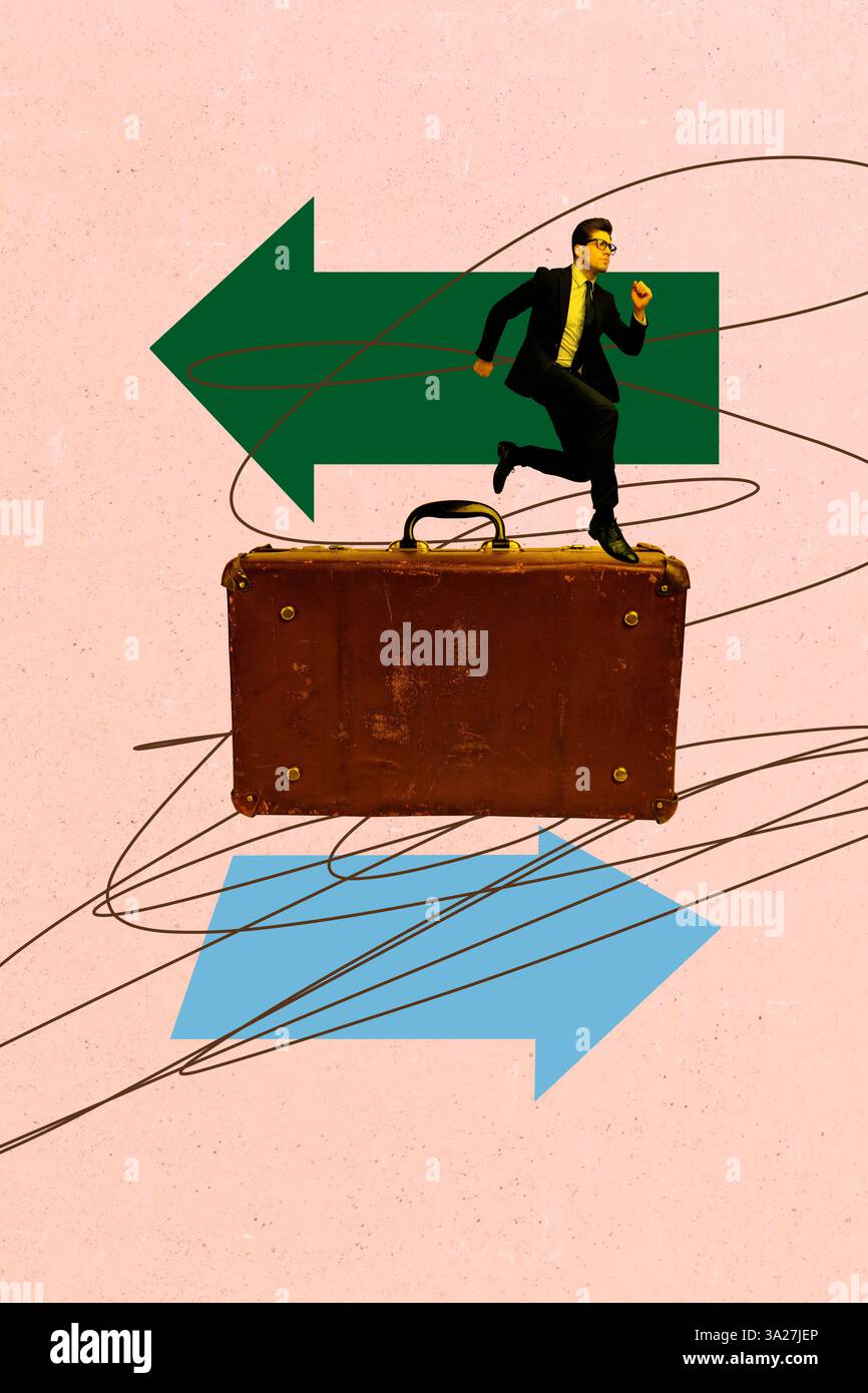 Poster photo vertical collage of serious businessman run arrow turn ...