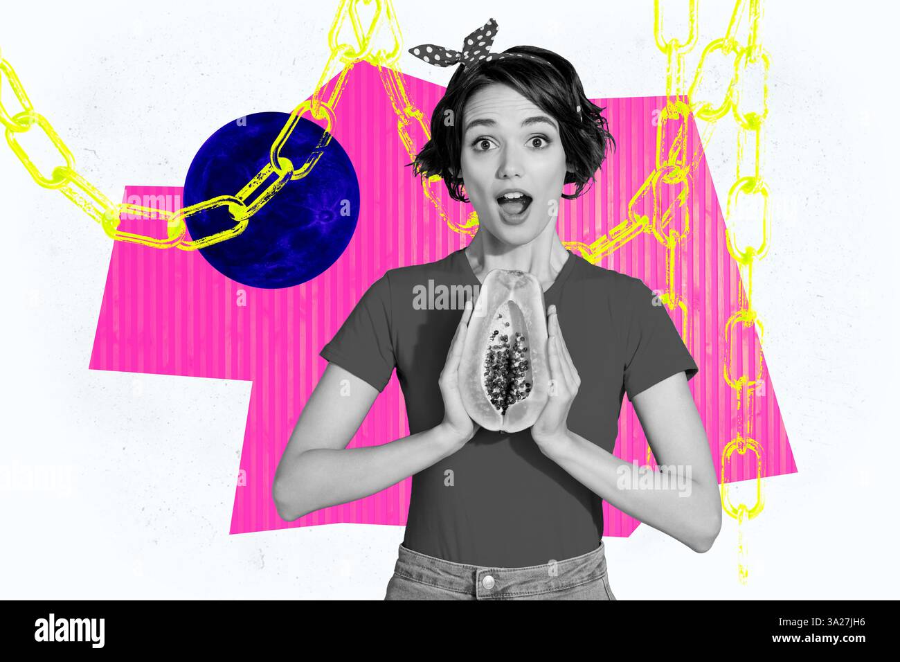 Composite trend artwork sketch image collage of young lady omg face hand hold papaya fruit tasty ...