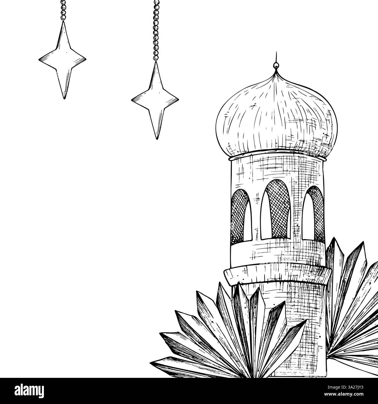 Vector Islamic minaret frame, stars, pampas grass. Graphic illustration ...