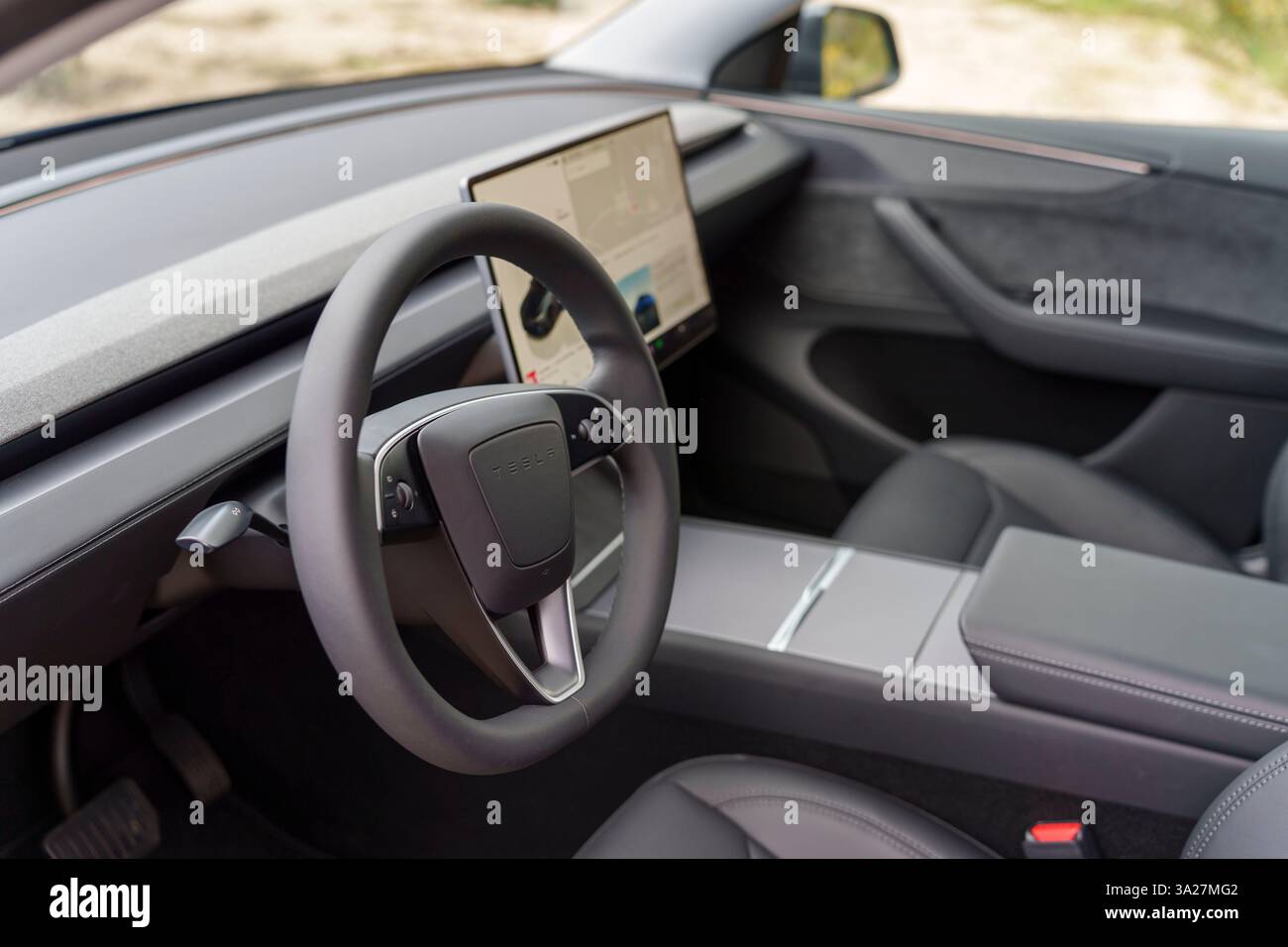 Close up of the interior of the new Tesla Model Y Juniper with focus on ...