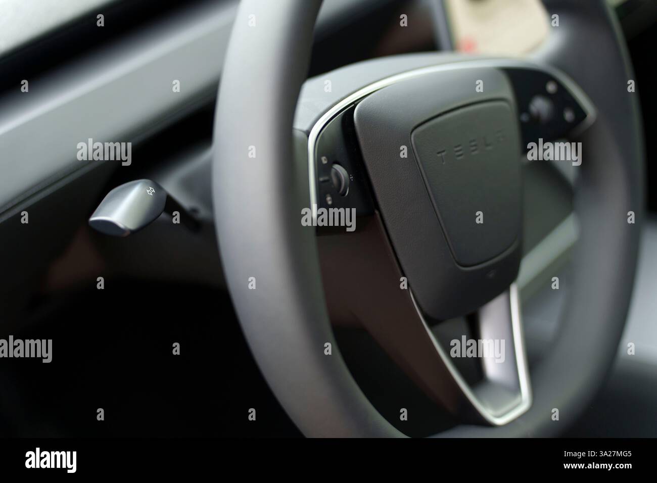 Close up of the interior of the new Tesla Model Y Juniper with focus on ...