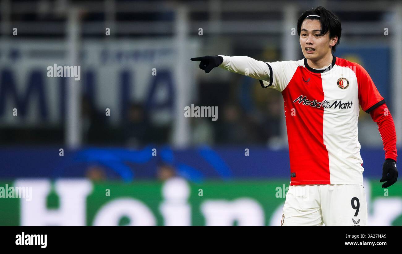 Milan, Italy. 11 March 2025. Ayase Ueda of Feyenoord gestures during ...