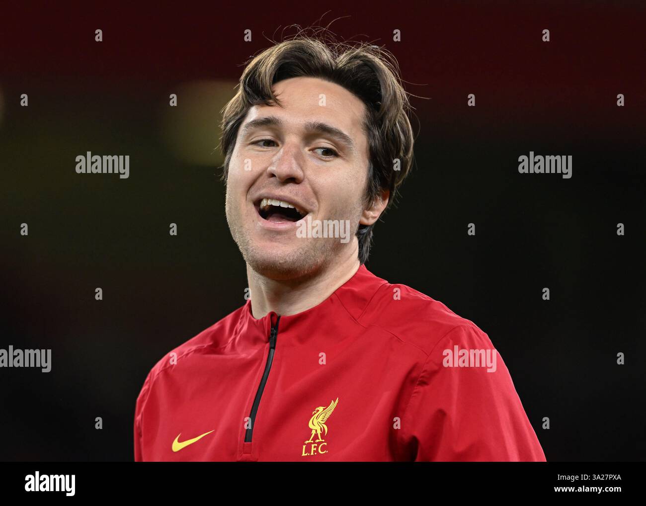 Liverpool, UK. 11th Mar, 2025. Federico Chiesa of Liverpool warms up ...