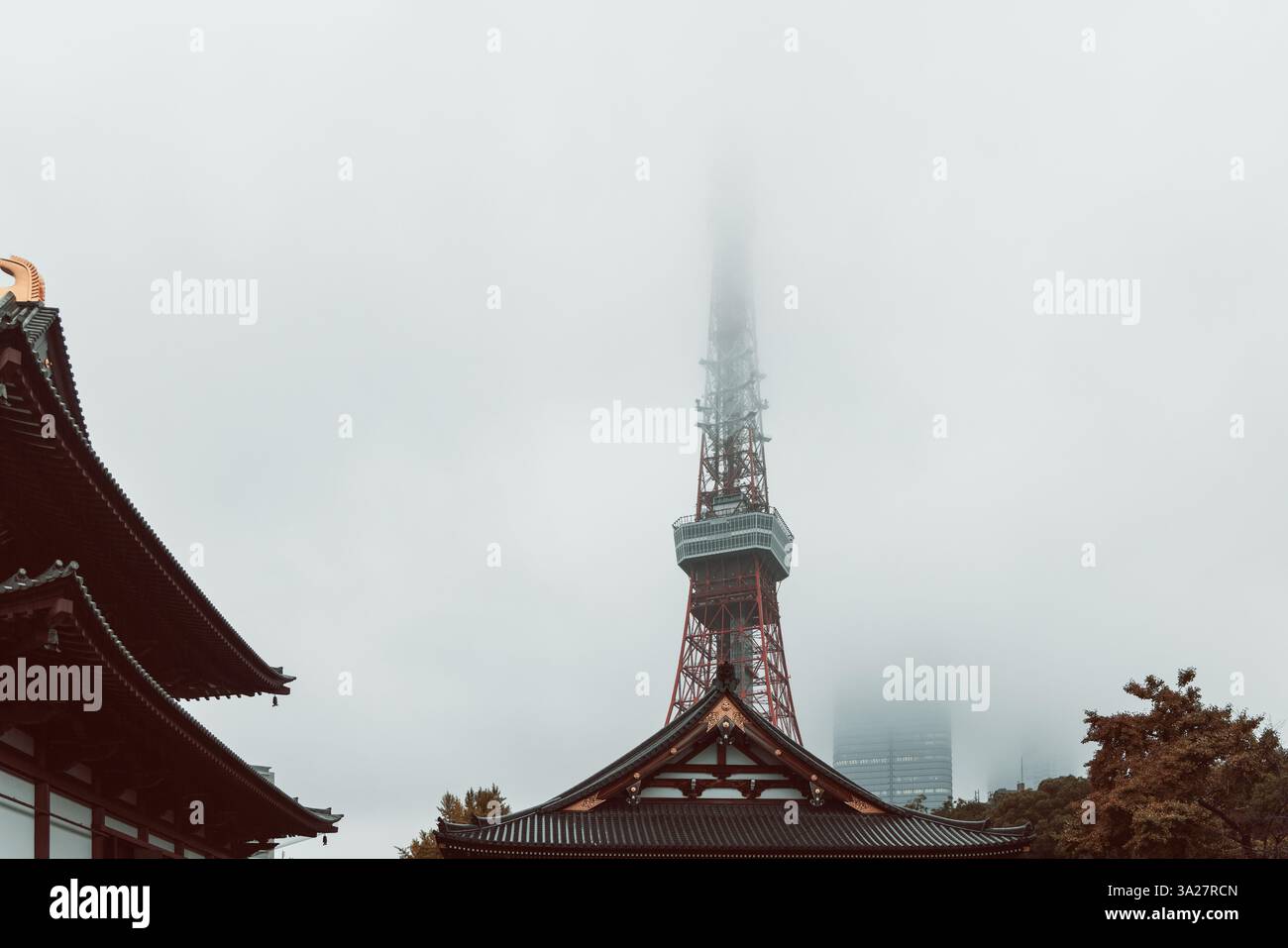 The silhouette of Tokyo Tower disappears into thick mist behind Zojo-ji temple while the vintage ...