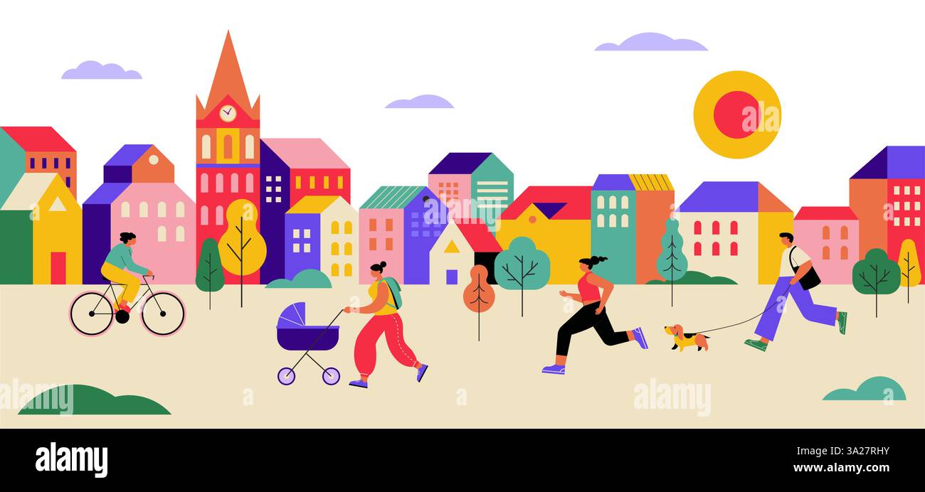 Colorful Urban Public Space. People Walking, Jogging, and Cycling in a ...