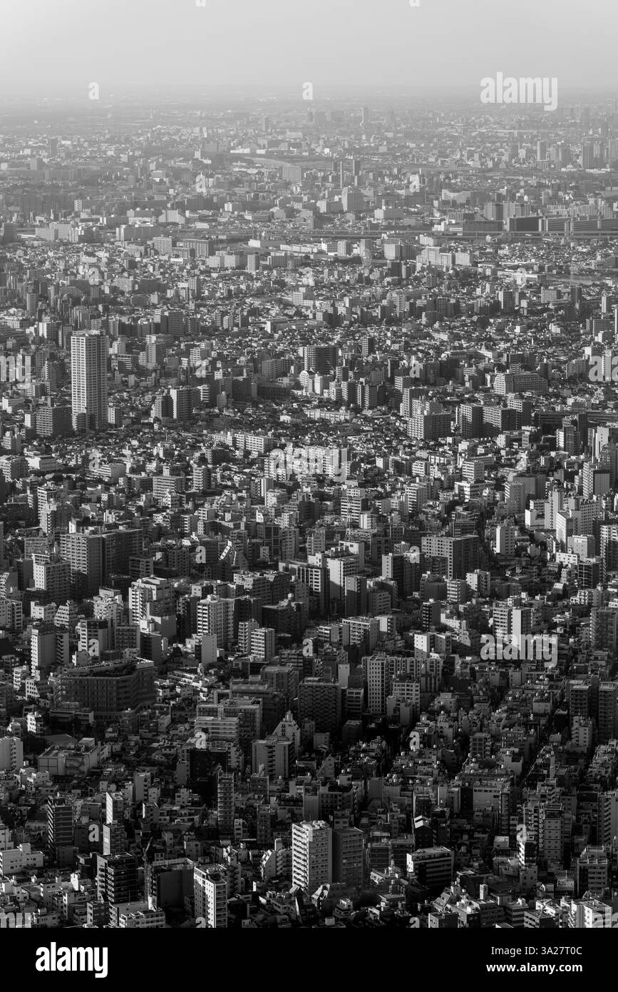 Monochrome cityscape of Tokyo, showcasing the tightly packed ...