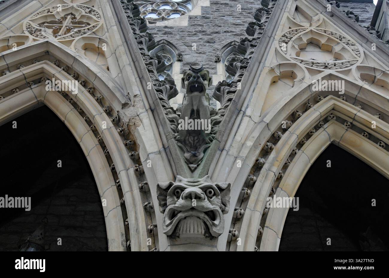 Architectural details and carvings on the exterior of the historic ...