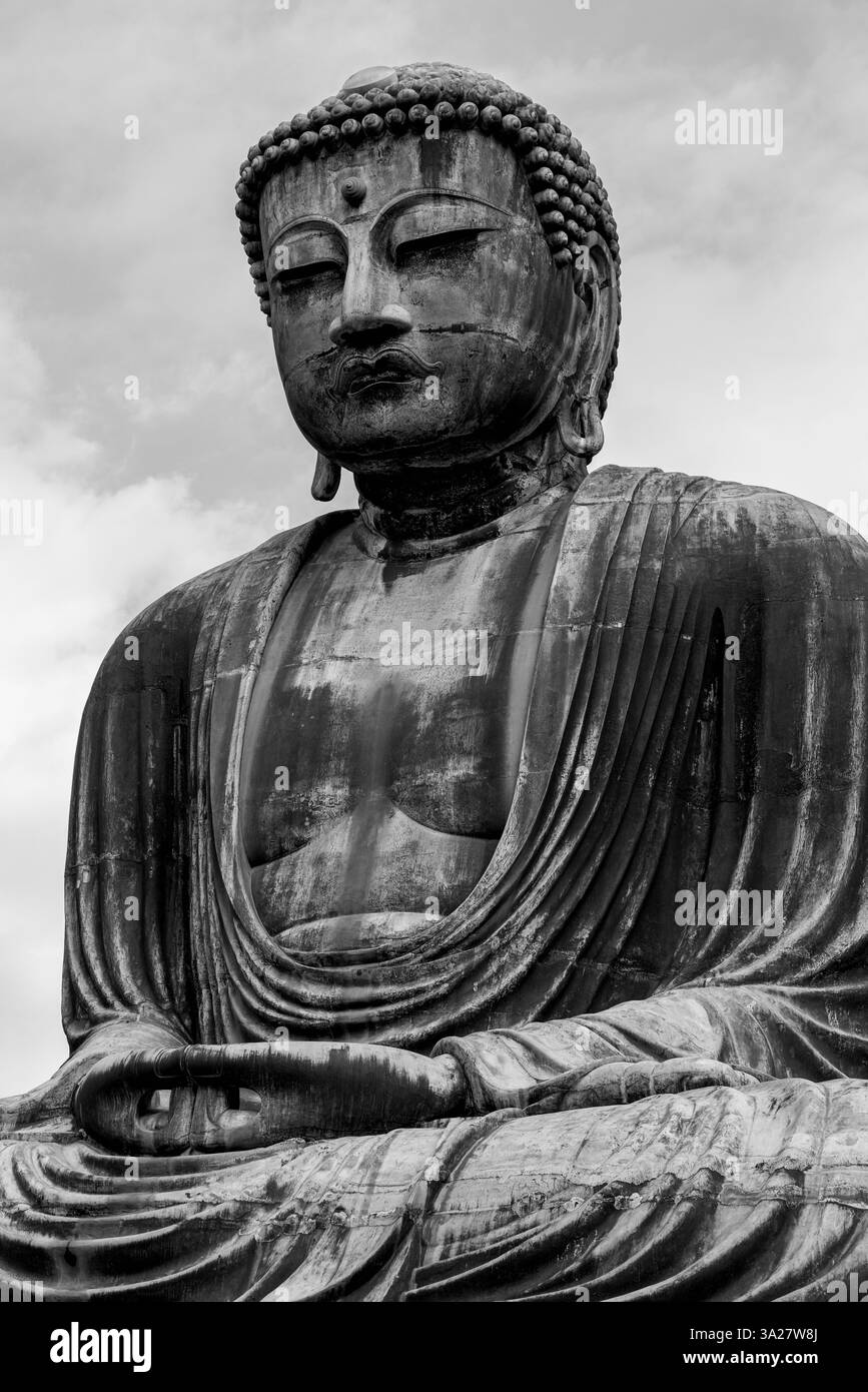 High contrast black and white vertical portrait of the Great Buddha ...