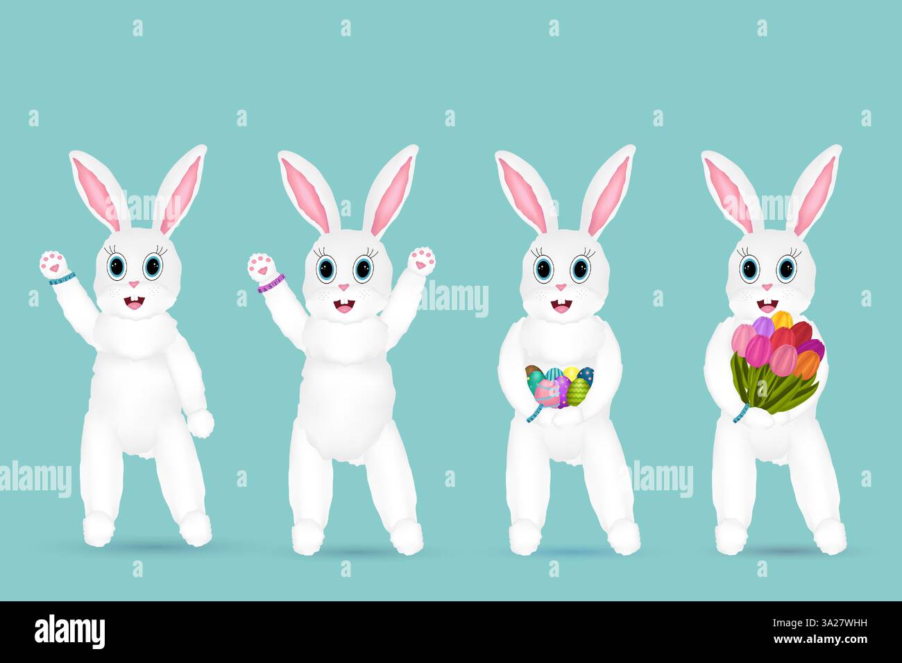 Set of four adorable white Easter bunny characters with big blue eyes ...