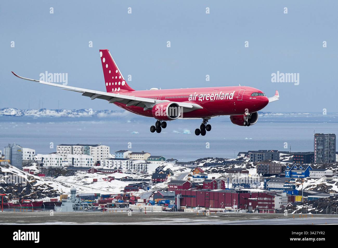 An Airbus A330 of Air Greenland lands in airport of Nuuk, Greenland ...
