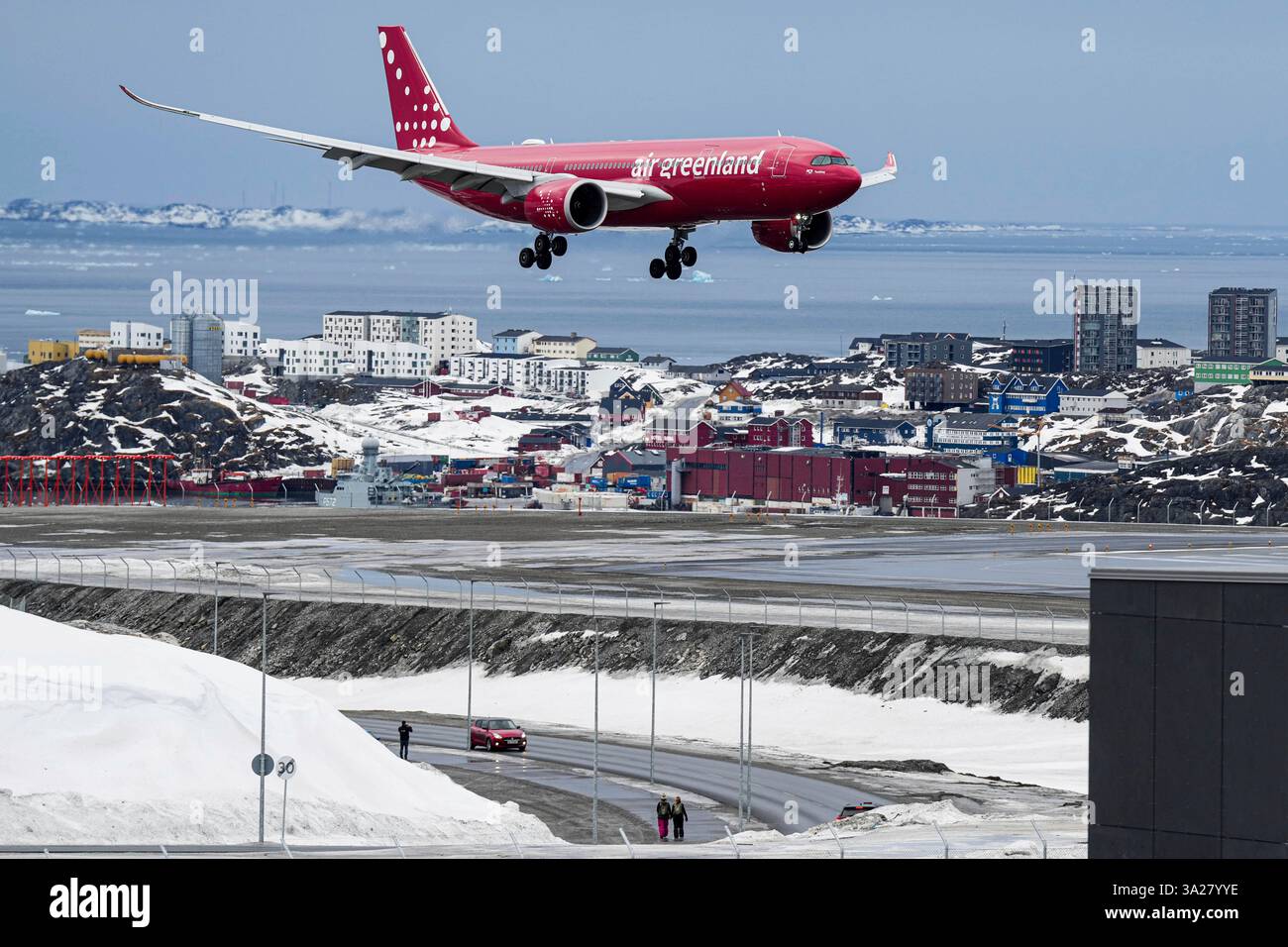 An Airbus A330 of Air Greenland lands in airport of Nuuk, Greenland, March 12, 2025. (AP Photo ...