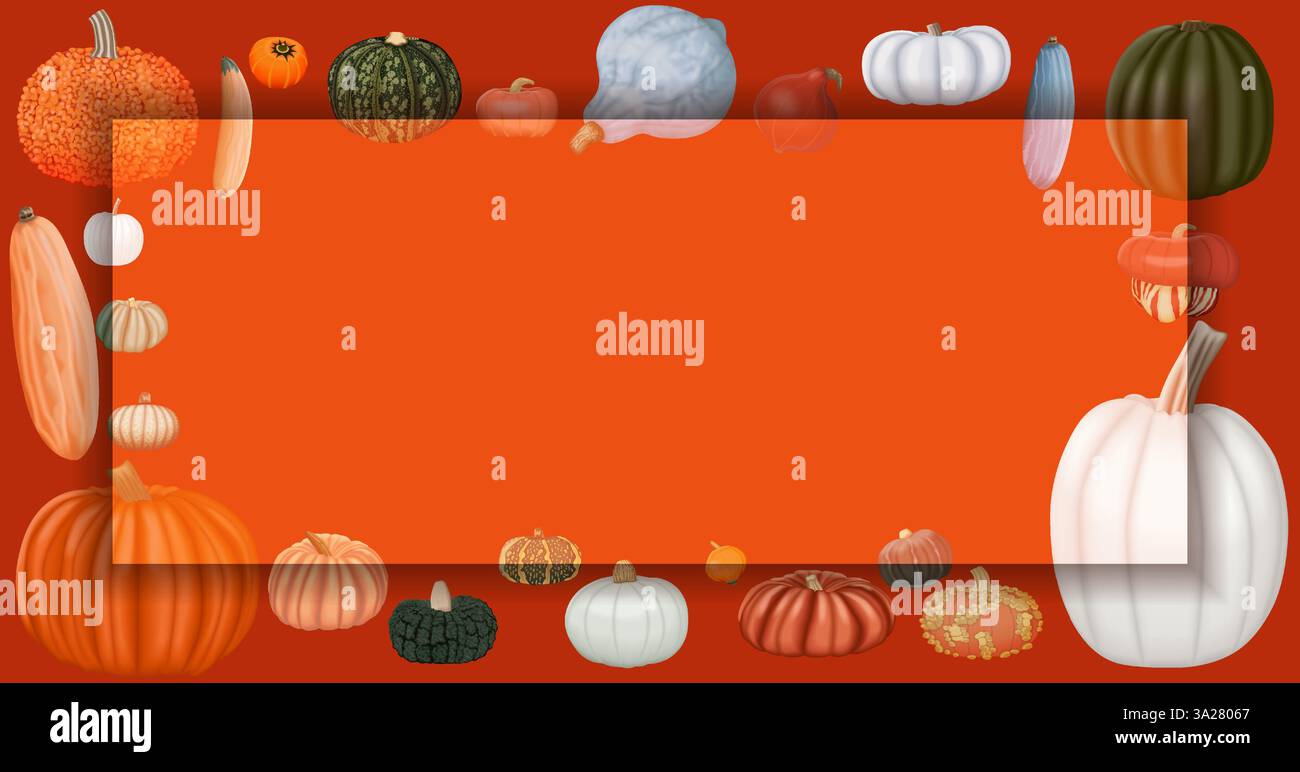 Rectangular banner with types of winter squash. Cucurbita maxima ...