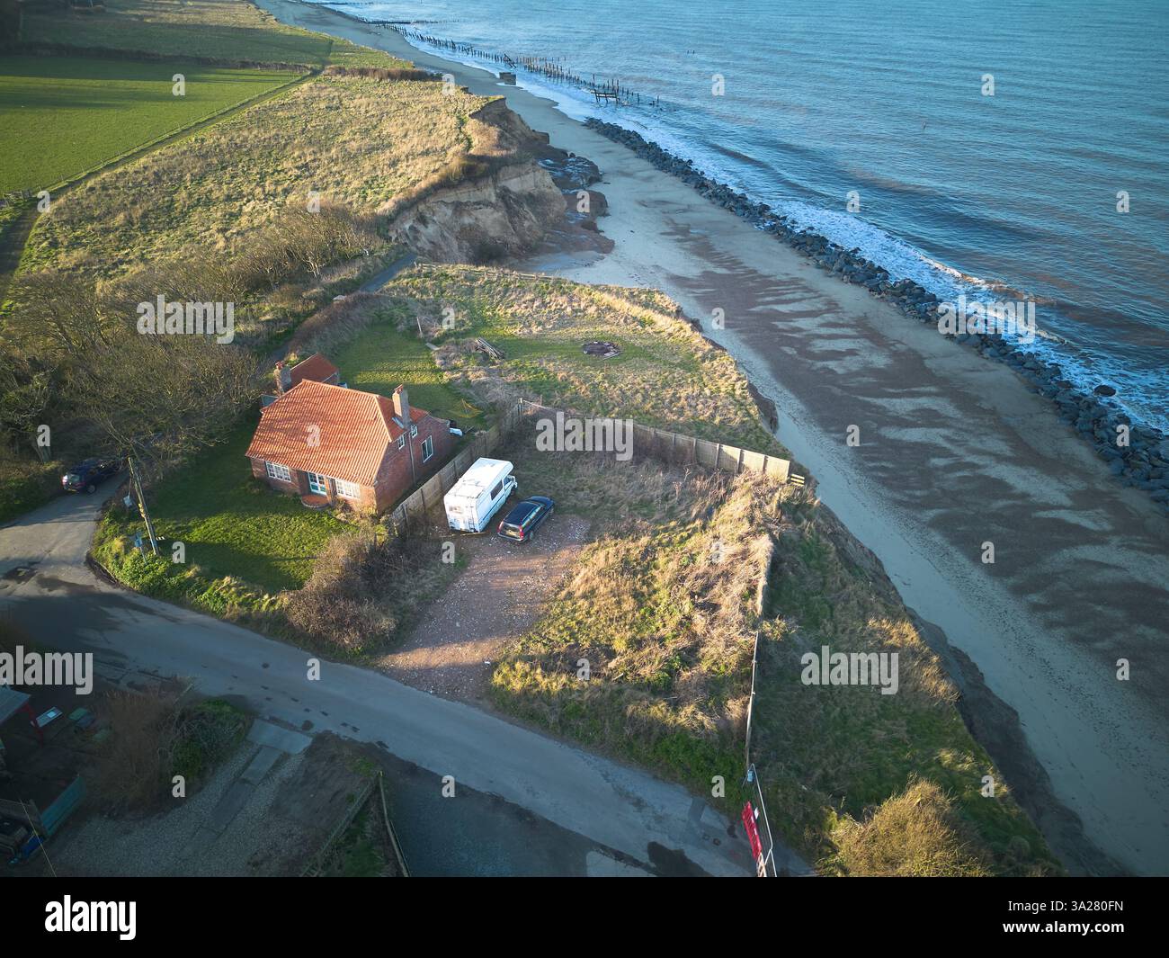 aerial view of the eroding Norfolk coastline at Happisburgh, UK Stock ...