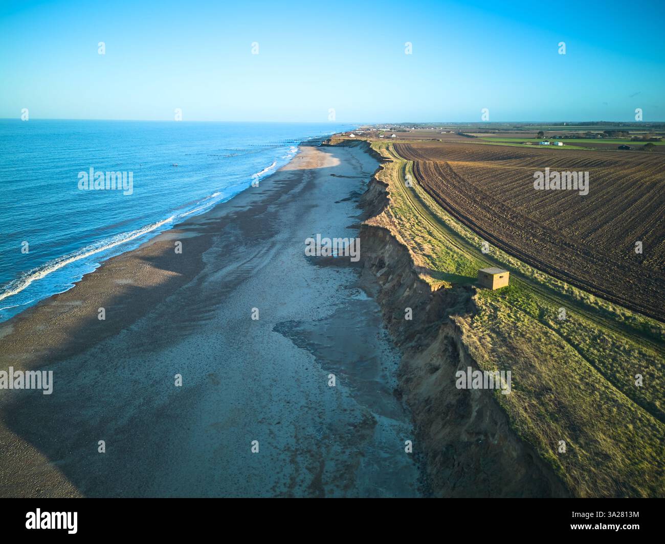 aerial view of the eroding Norfolk coastline at Happisburgh, UK Stock ...