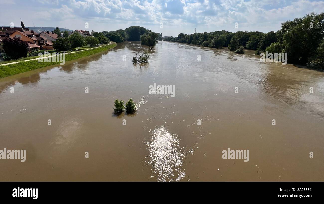 A high water level in a swollen river leaves only the tops of trees ...