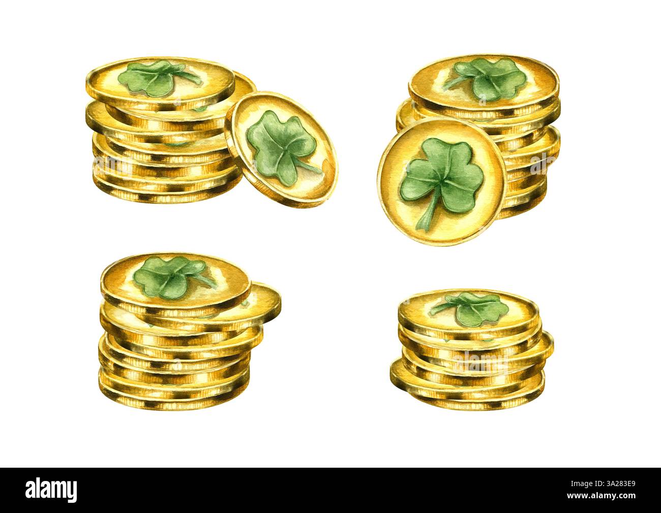 Stack of gold metal coins set watercolor illustration isolated ...