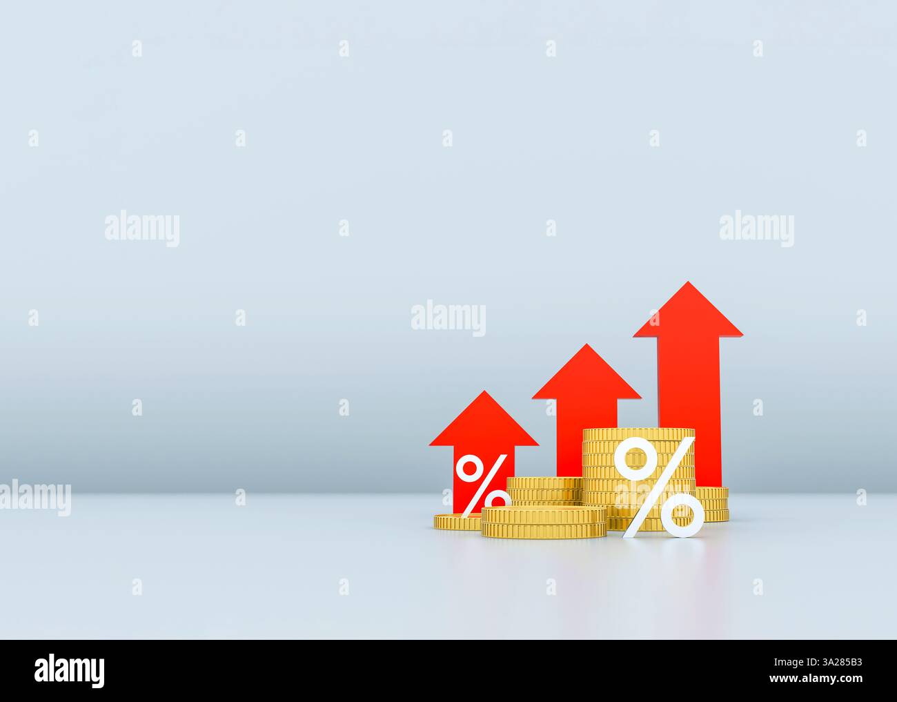 Golden coin stacks with percentage symbols and red arrows pointing ...