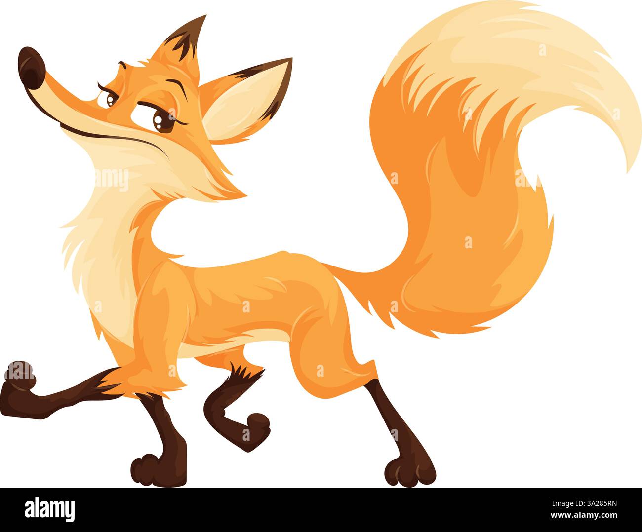 Playful cartoon fox with a fluffy tail, walking confidently, featuring a smug expression on a ...