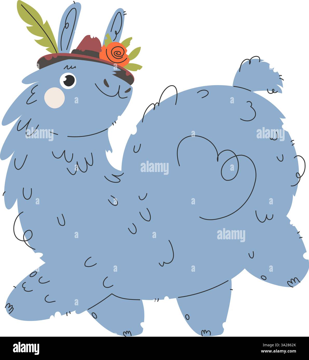 Adorable cartoon illustration of a fluffy blue llama wearing a stylish ...