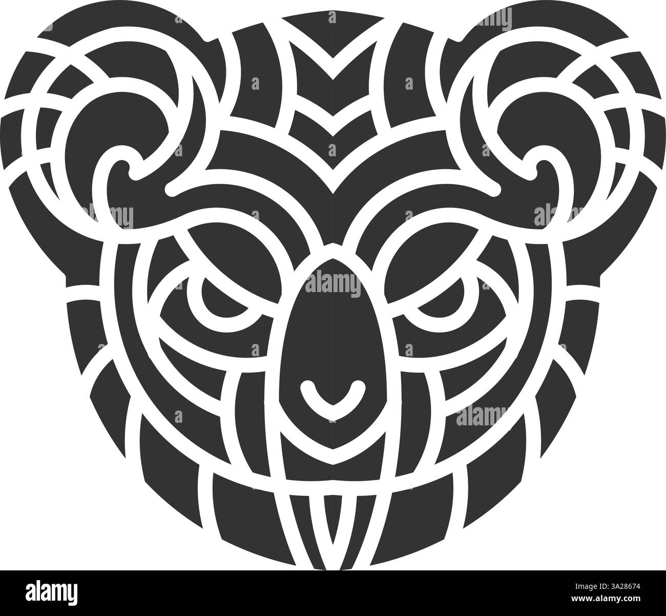 Stylized black and white tribal ram illustration featuring bold ...