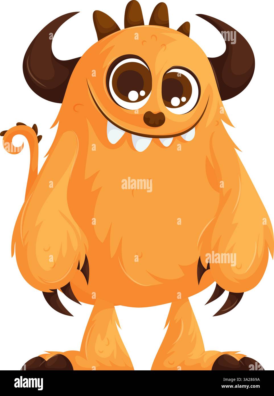 Adorable cartoon-style orange furry monster with big round eyes, curved horns, small spikes, a ...