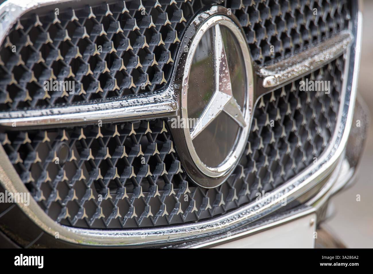 Nahaufnahme vom Mercedes-Stern am Kühlergrill *** Close-up of the ...