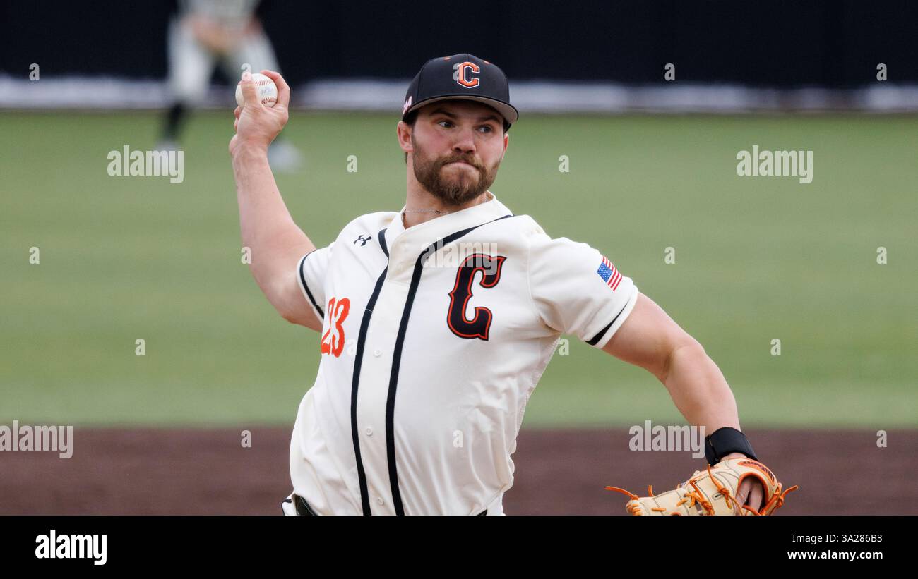 Campbell's Bryce Schares (23) pitches during an NCAA baseball game on ...