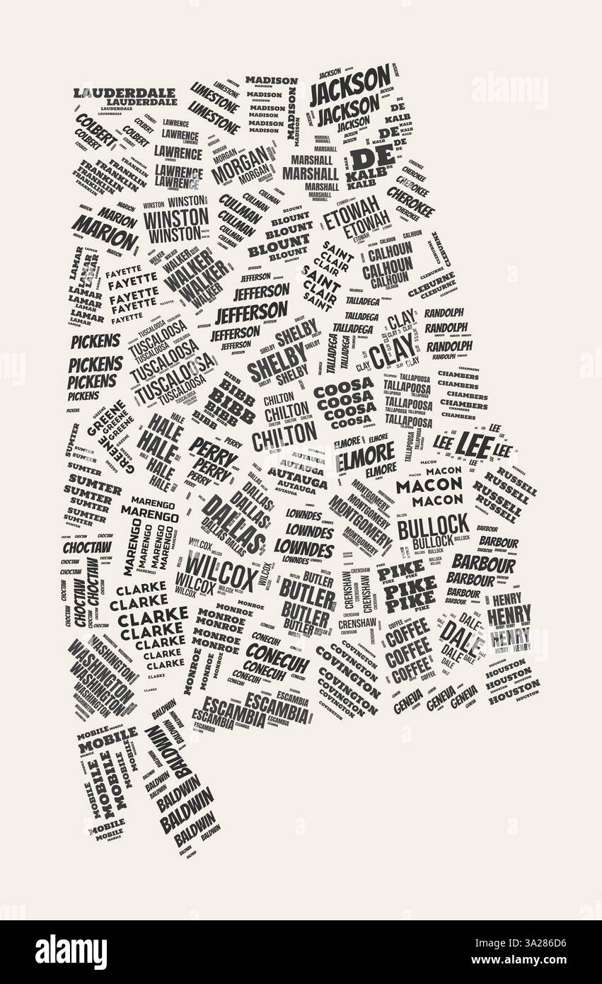 Alabama Word Cloud. State with counties division. Alabama typographic ...