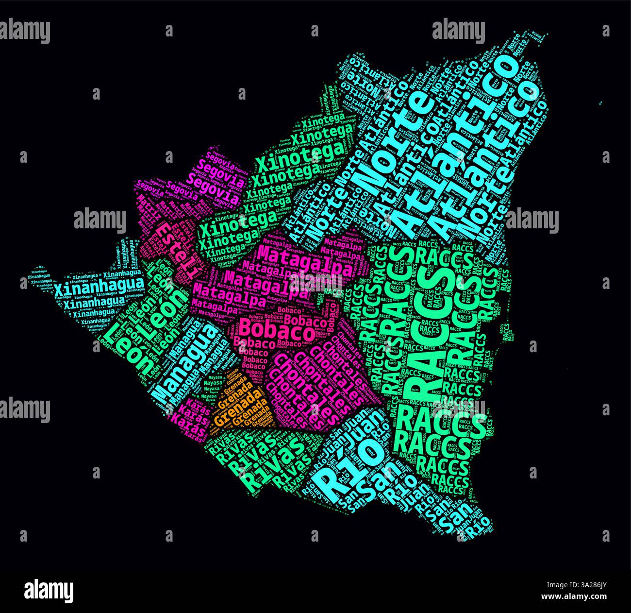 Nicaragua Regions Word Clouds. Bright neon style design on dark ...