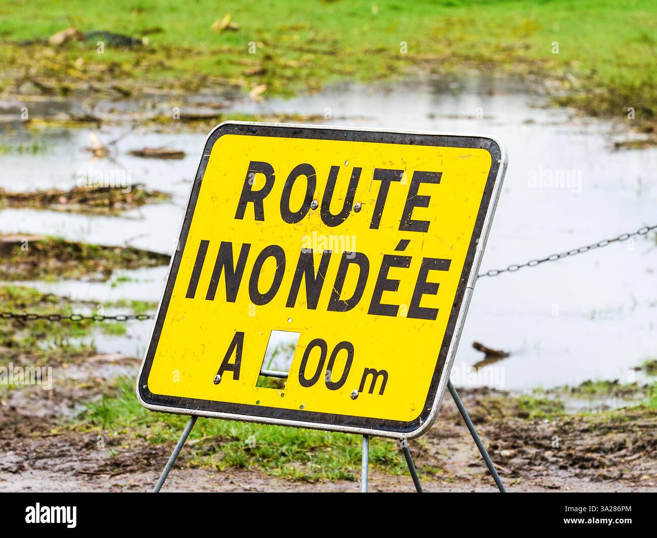 French road signs warning of floods and impassable roads - Yzeures-sur ...
