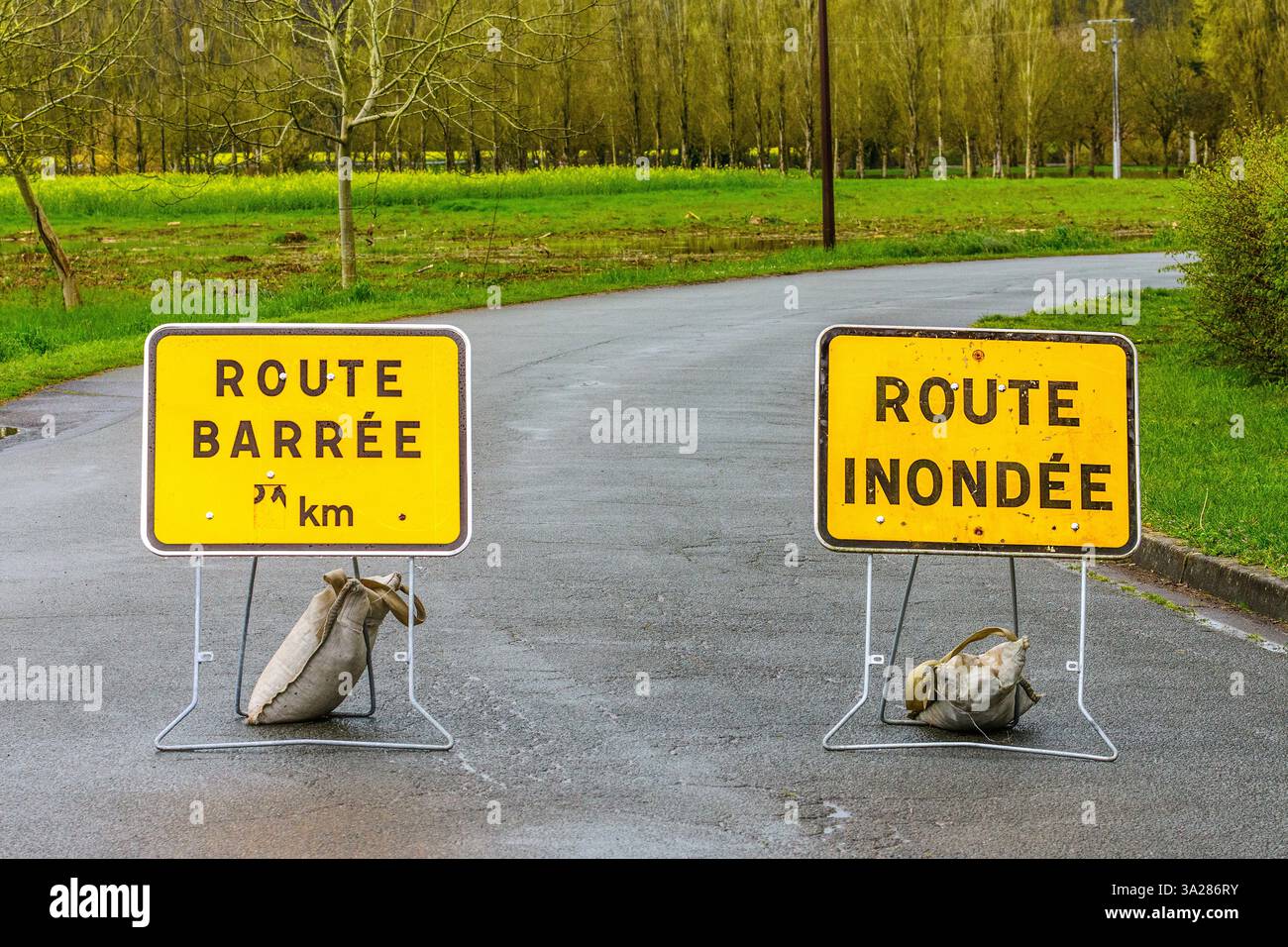 French road signs warning of floods and impassable roads - Yzeures-sur ...