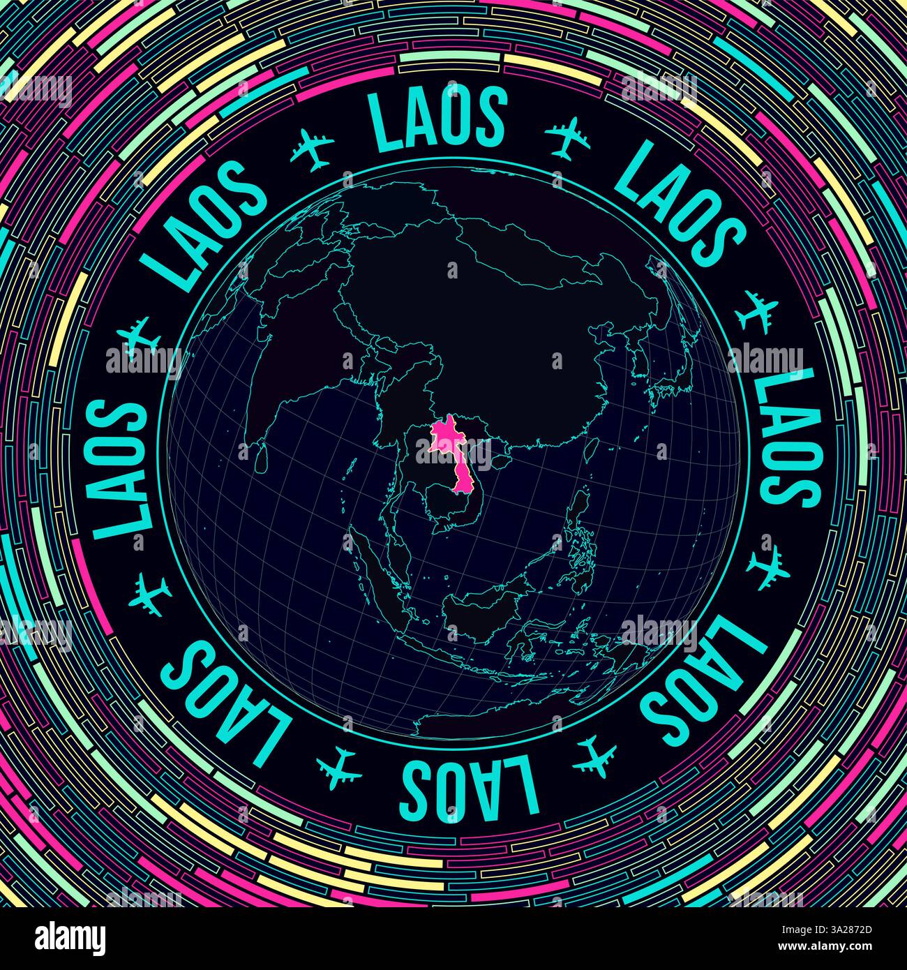 Laos on globe. Satellite view of the world centered to Laos. Bright ...