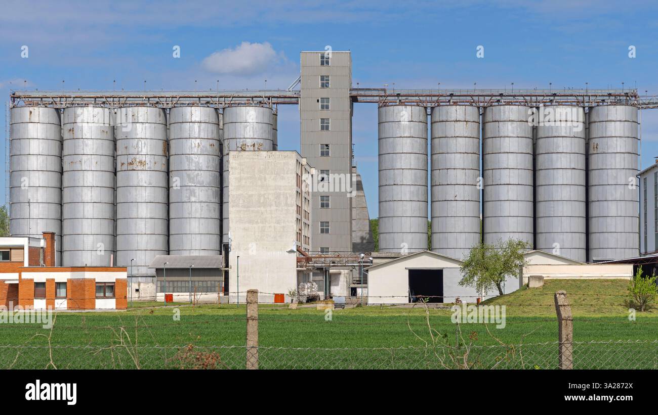Tall Metal Silo Grain Storage Farm Buildings Blue Sky Spring Day Stock ...