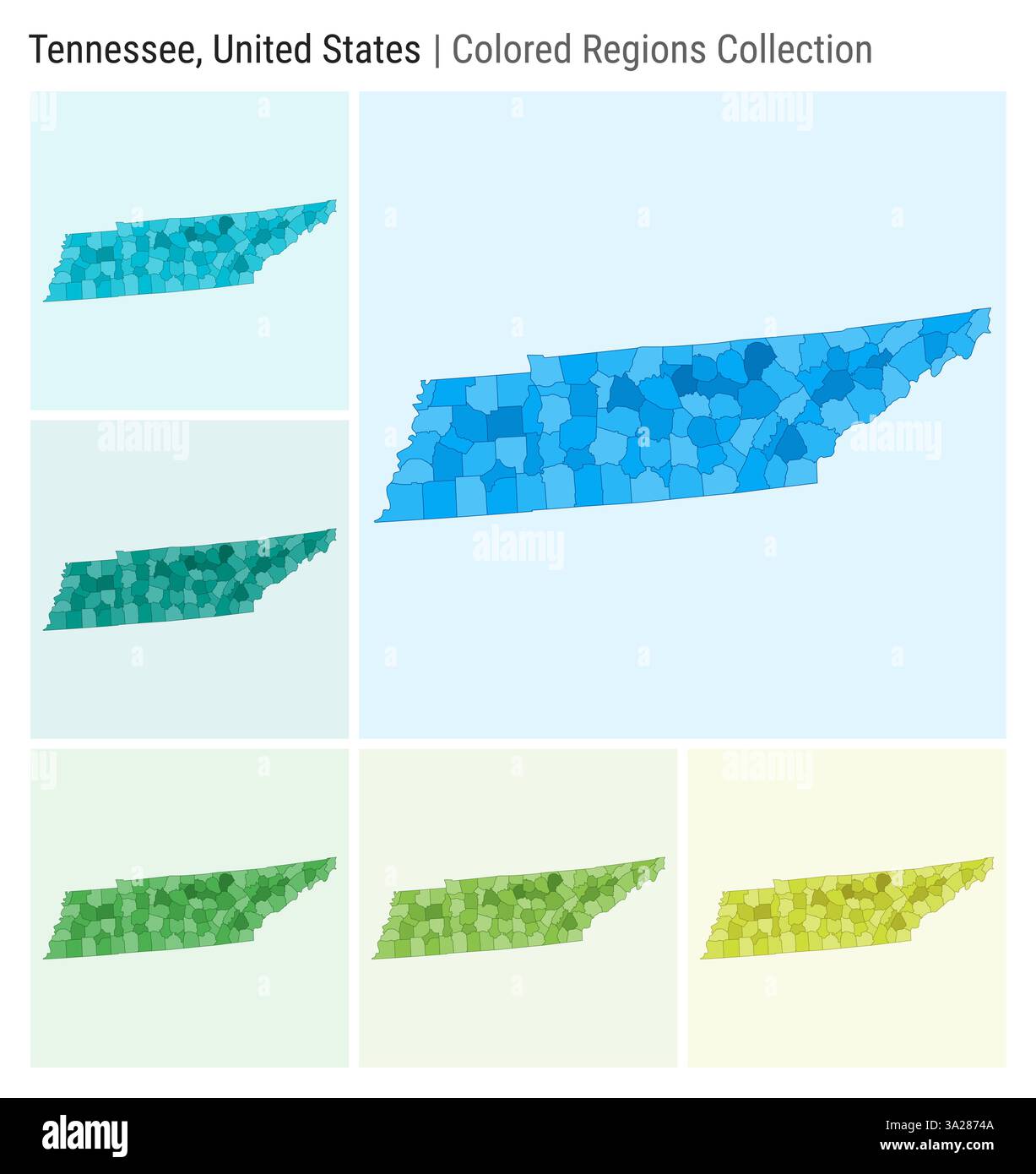 Tennessee, United States. Map collection. State shape. Colored counties ...