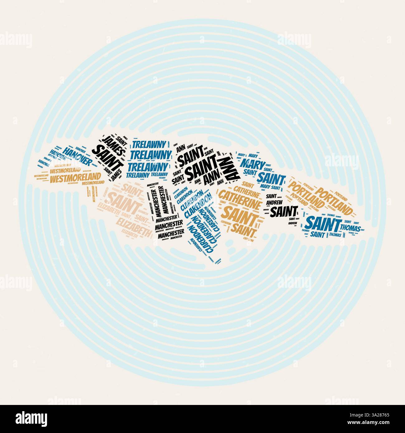 Jamaica round poster. Typography style image of country. Regions word ...