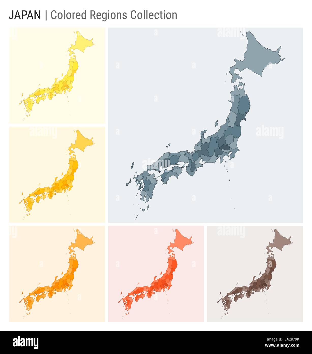 Japan map collection. Country shape with colored regions. Blue Grey ...
