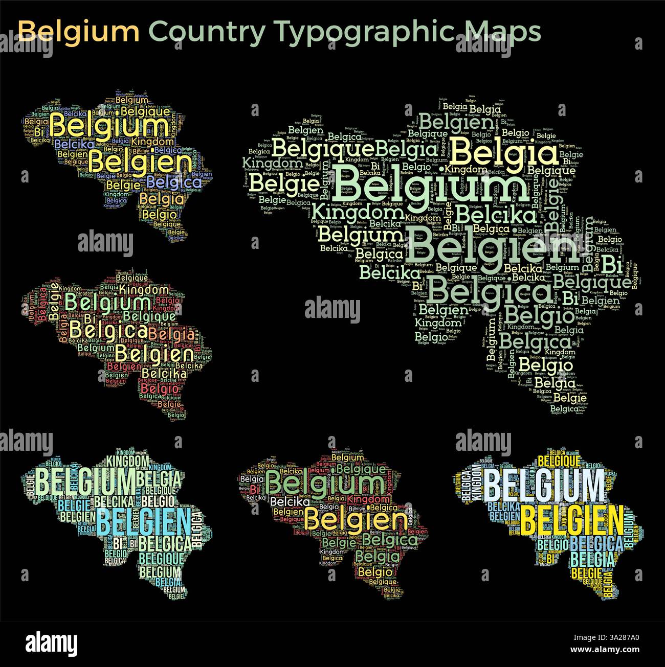 Set of typography style country illustrations. Belgium map shape build ...