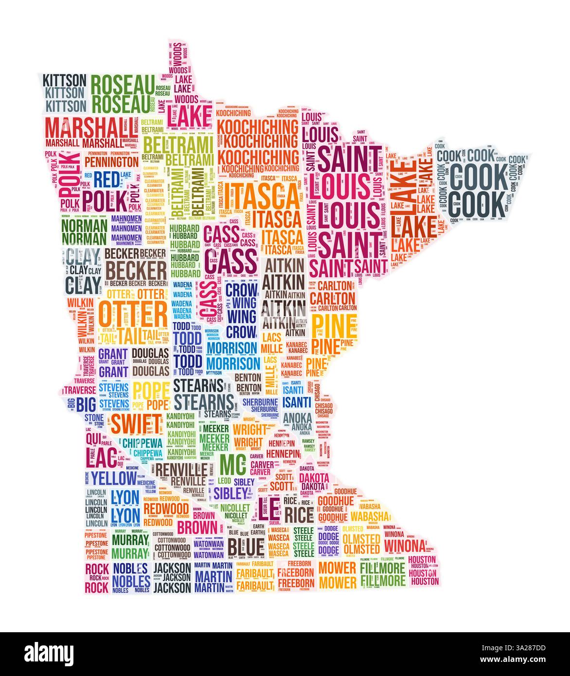 Minnesota county word cloud. State shape design. Minnesota colored ...