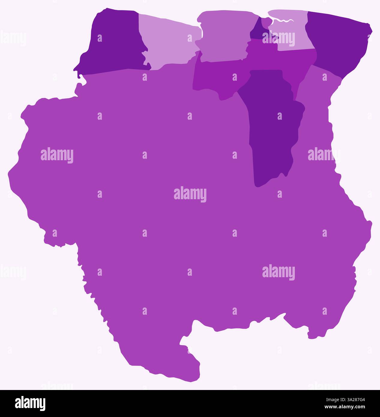 Map of Suriname with regions. Just a simple country border map with region division. Purple ...