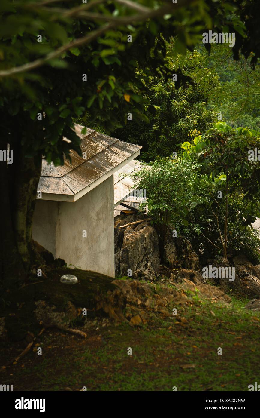 a small stone storage building on a steep hill with lots of foliage ...