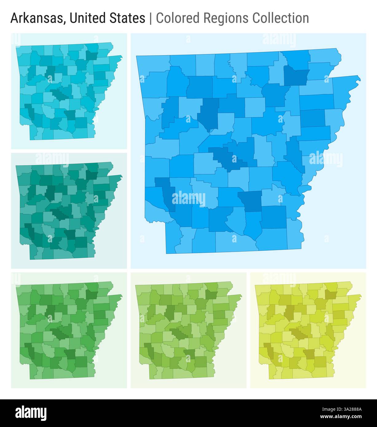 Arkansas, United States. Map collection. State shape. Colored counties ...
