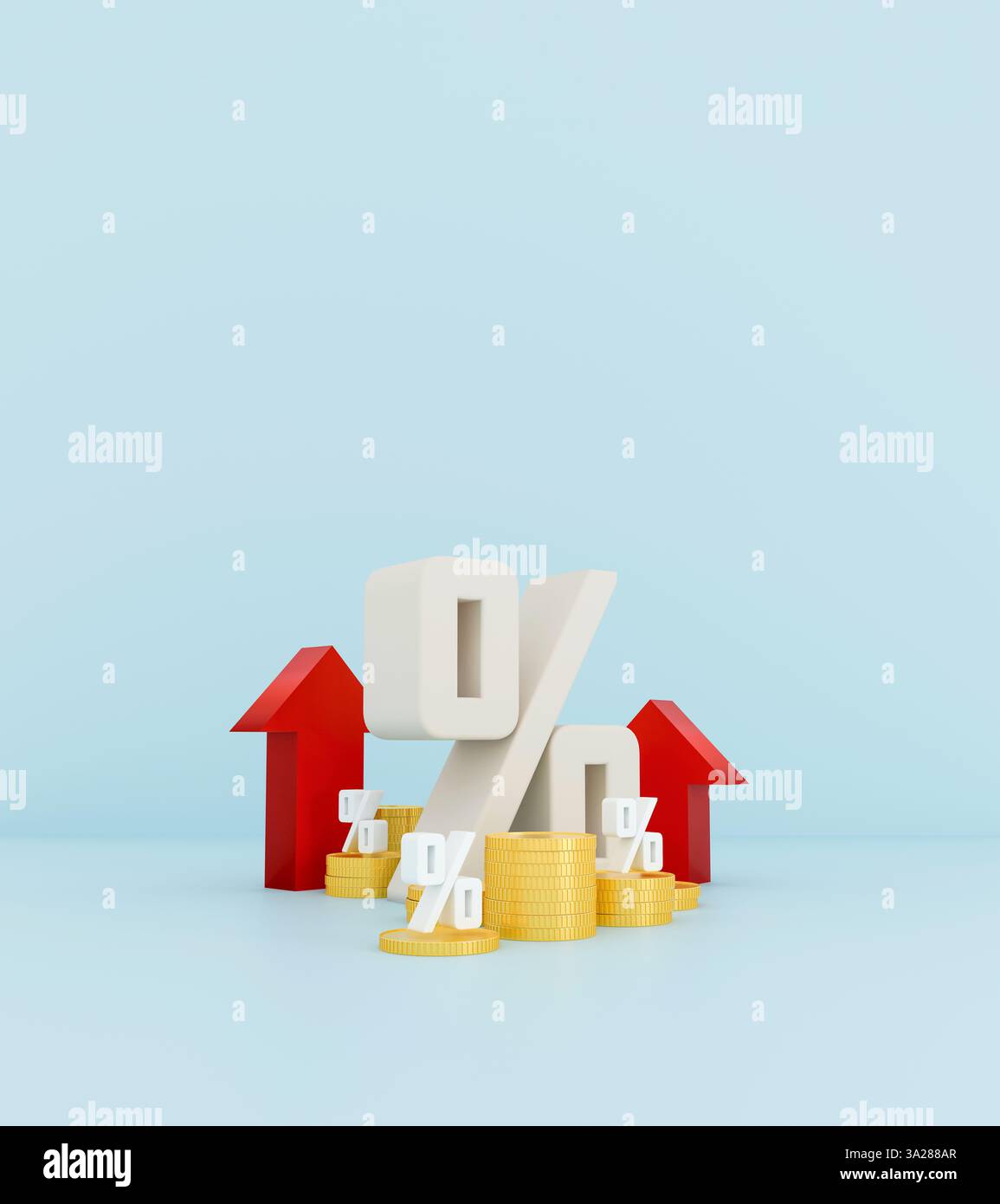 Golden coin stacks with percentage symbols and red arrows pointing ...