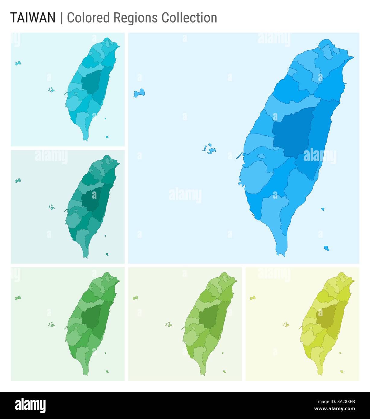 Taiwan map collection. Country shape with colored regions. Light Blue ...