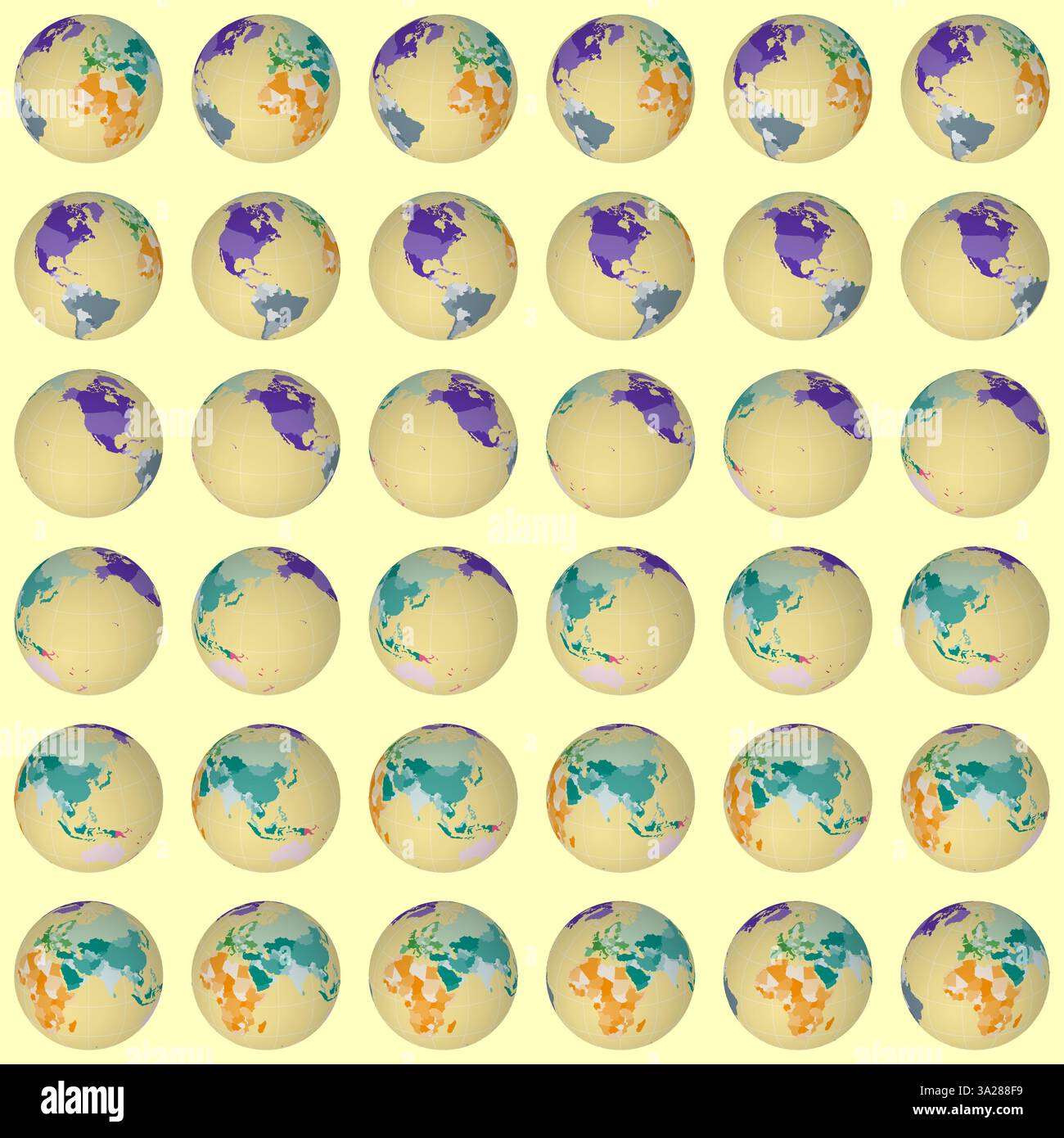 Collection of earth globes. Slanted sphere view. Rotation step 10 ...