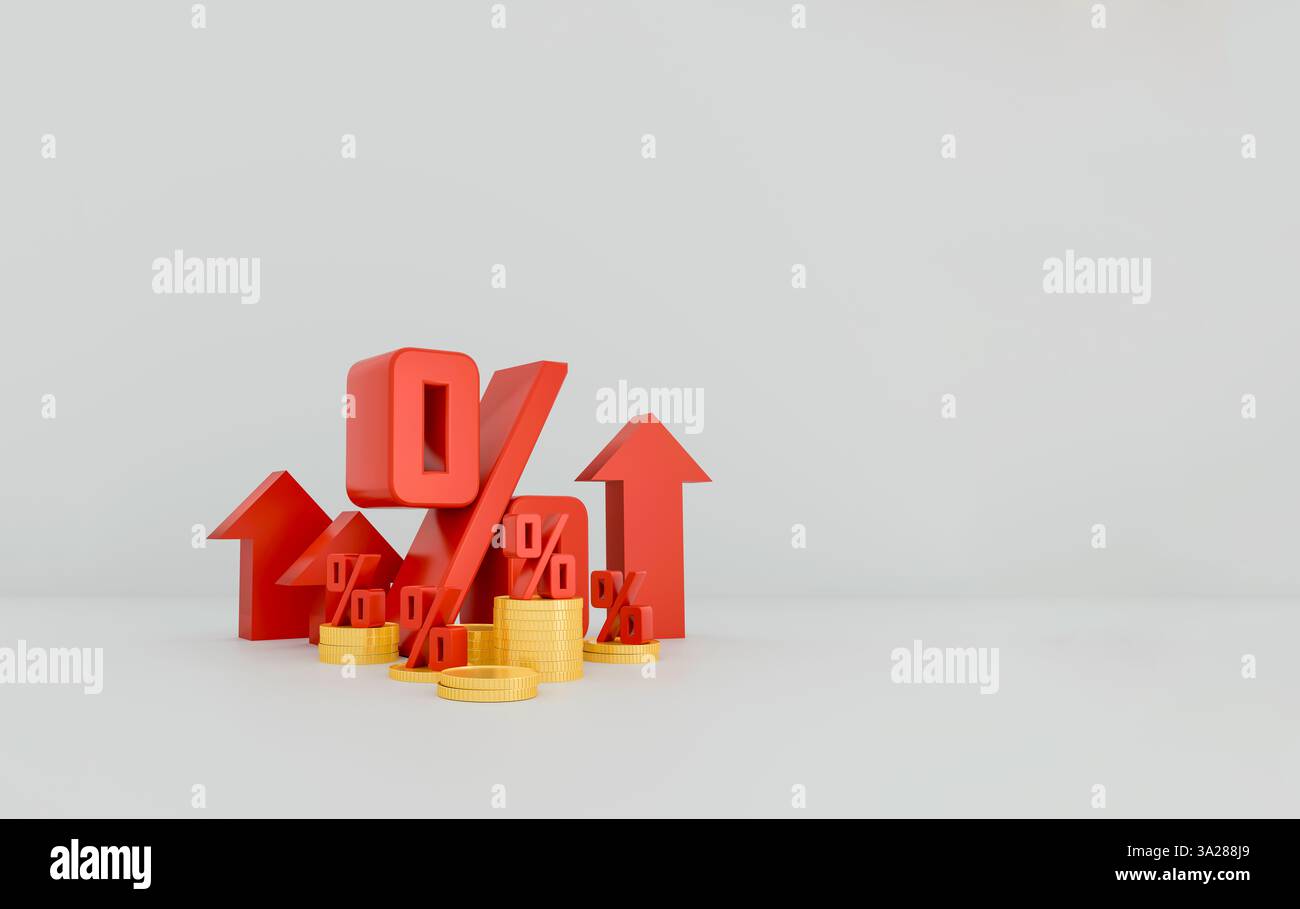 Golden coin stacks with percentage symbols and red arrows pointing ...